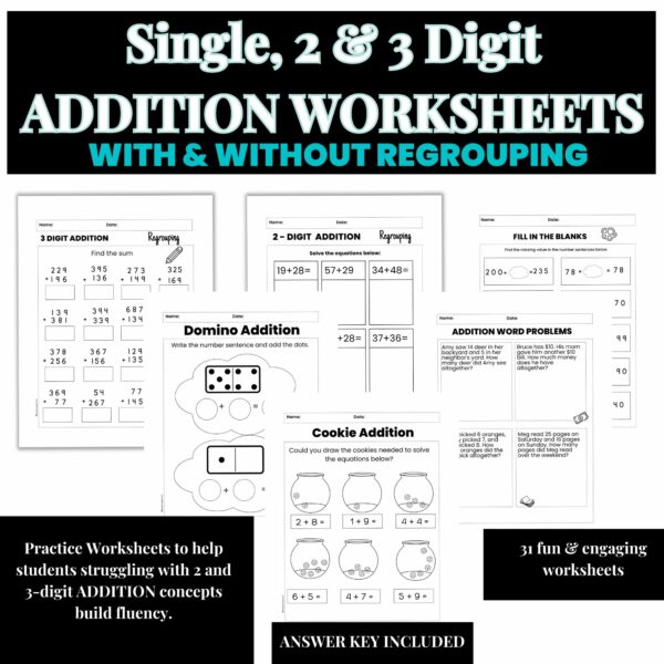 Addition Worksheets with Single, 2 Digit and 3 Digit Numbers, Answer ...