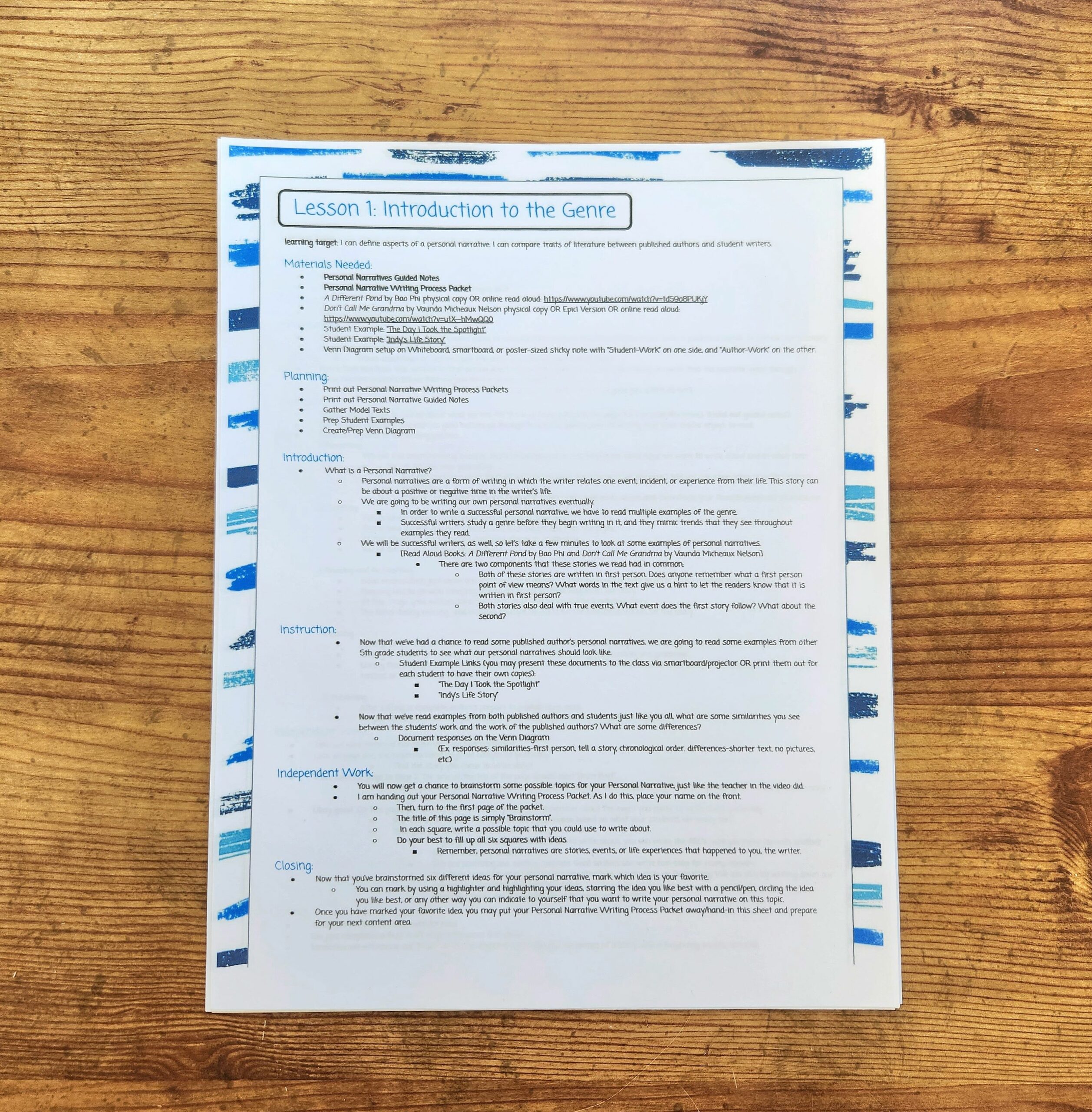 Personal Narrative Complete 10 Lesson Unit Plan for 3rd - 6th Grade ...