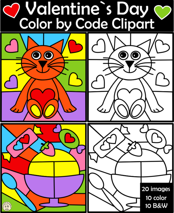Valentine`s Day Color by Code Clipart | Made By Teachers