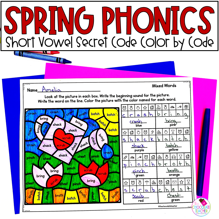 Spring Phonics Color by Code Worksheets with Short Vowels | Made By ...