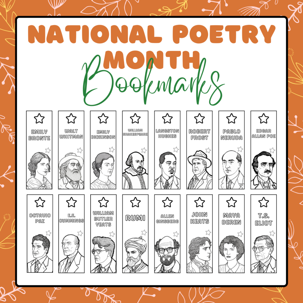 National Poetry Month Coloring Bookmarks | 20 Famous Poets Bookmarks ...