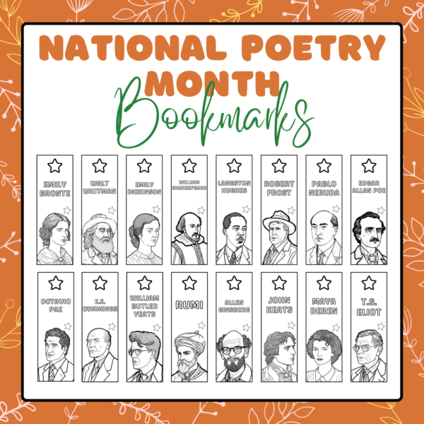 National Poetry Month Coloring Bookmarks | 20 Famous Poets Bookmarks ...