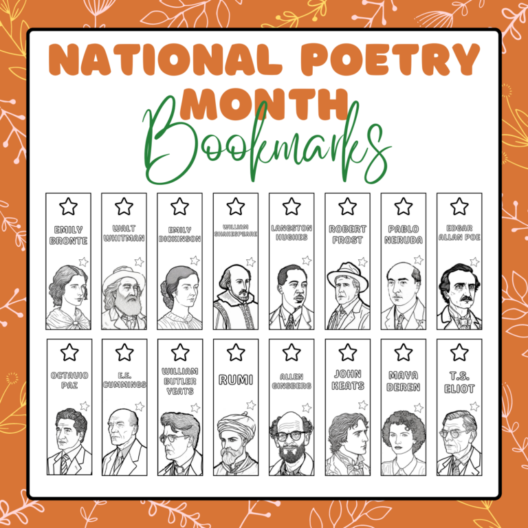 National Poetry Month Coloring Bookmarks | 20 Famous Poets Bookmarks ...