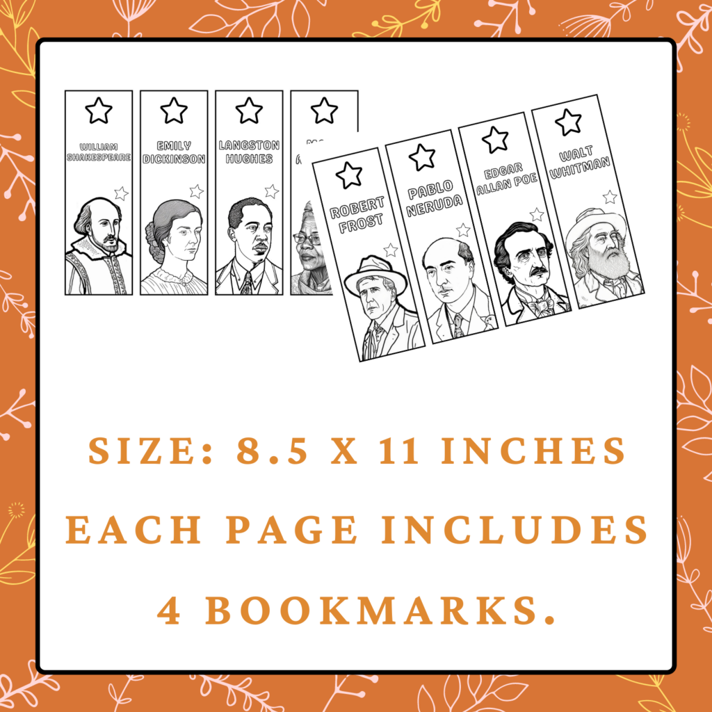 National Poetry Month Coloring Bookmarks | 20 Famous Poets Bookmarks ...