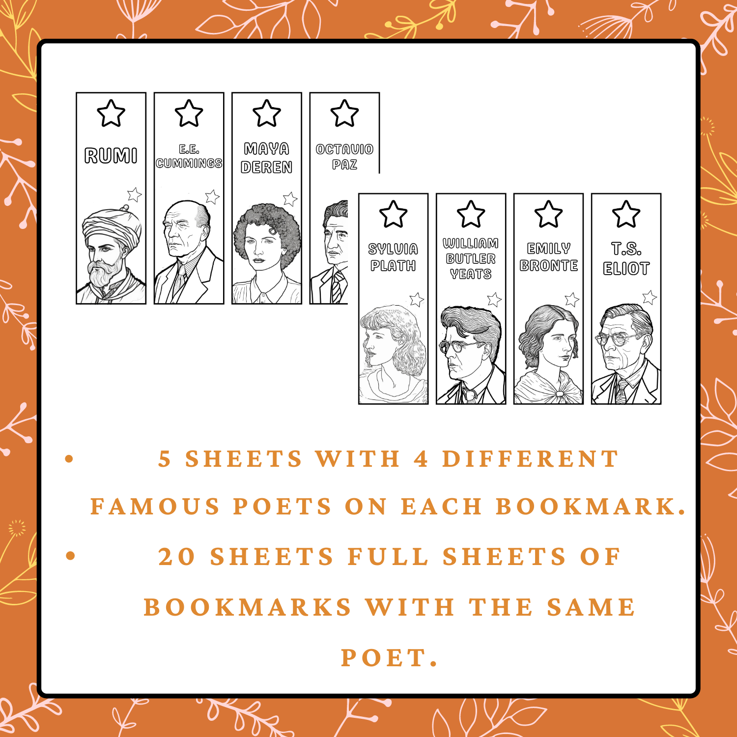 National Poetry Month Coloring Bookmarks | 20 Famous Poets Bookmarks ...