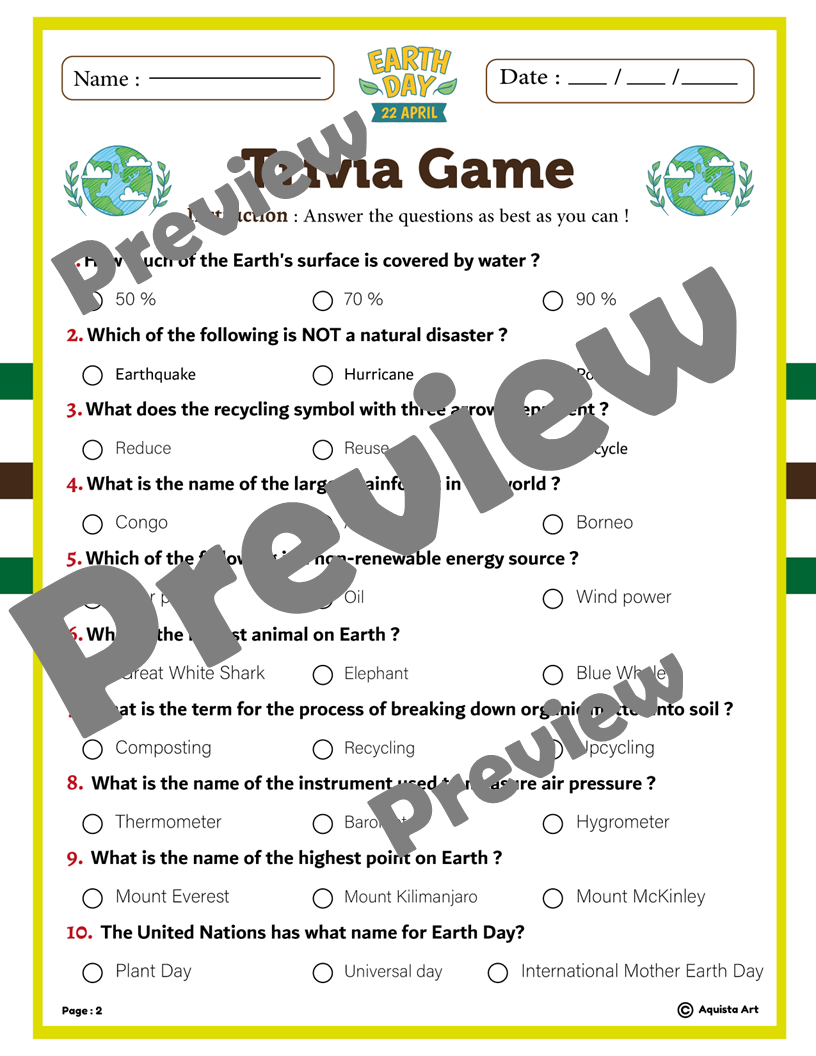 Earth Day Trivia Game | Fun Environmental Activity for Adults & Kids ...