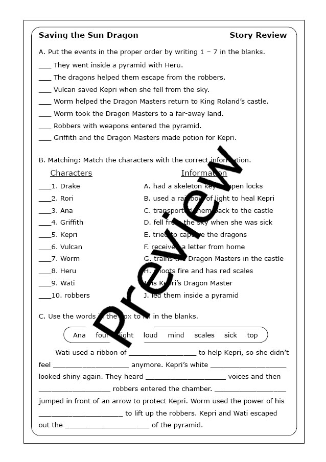 Tracey West "Saving the Sun Dragon" worksheets | Made By Teachers