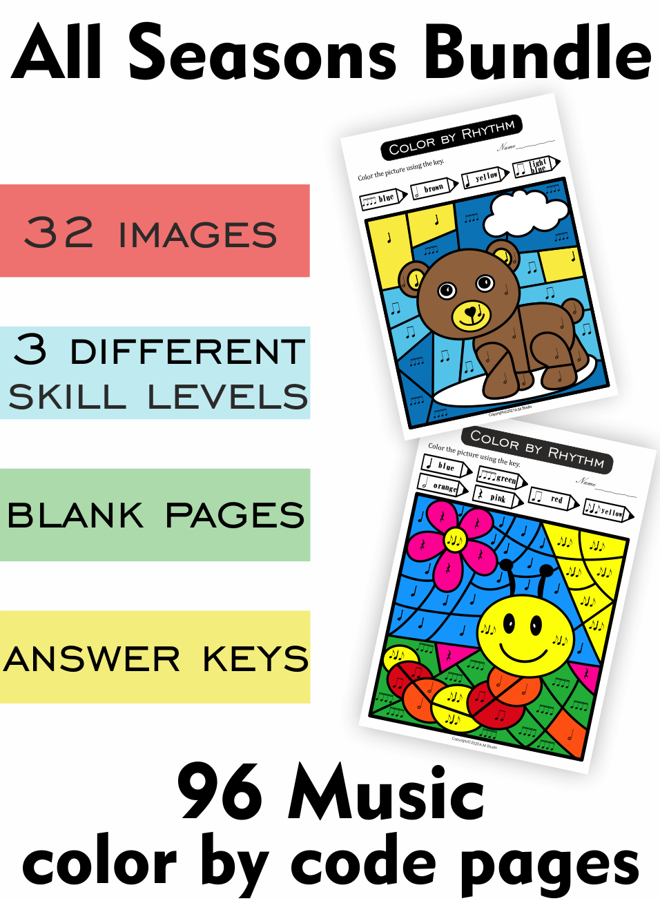 Music Rhythm Color by Code Seasons Bundle | Color by Note | Made By ...