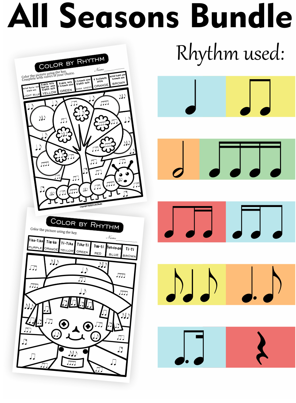 Music Rhythm Color by Code Seasons Bundle | Color by Note | Made By ...
