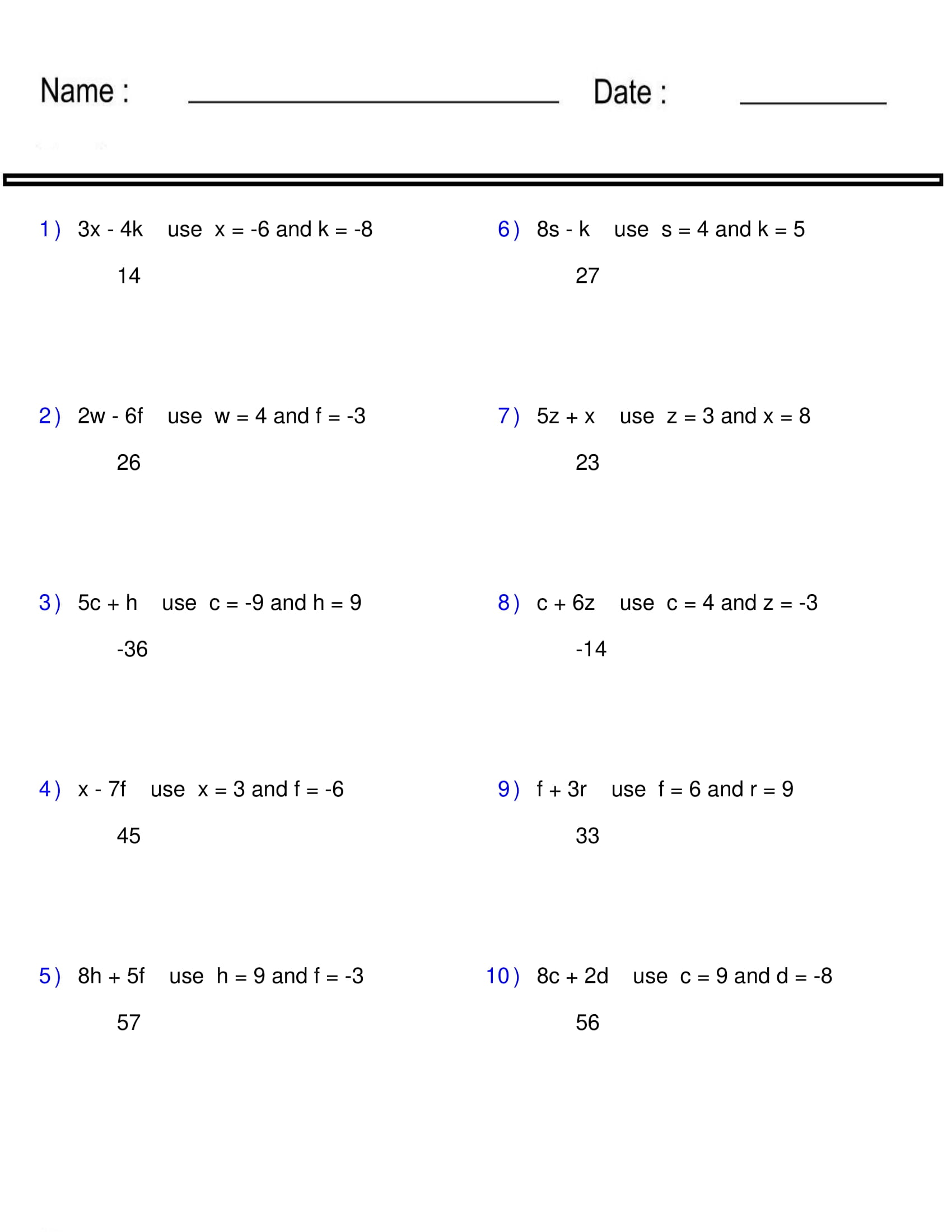 Evaluate Algebraic Expressions - Two variables - Digital and Print ...