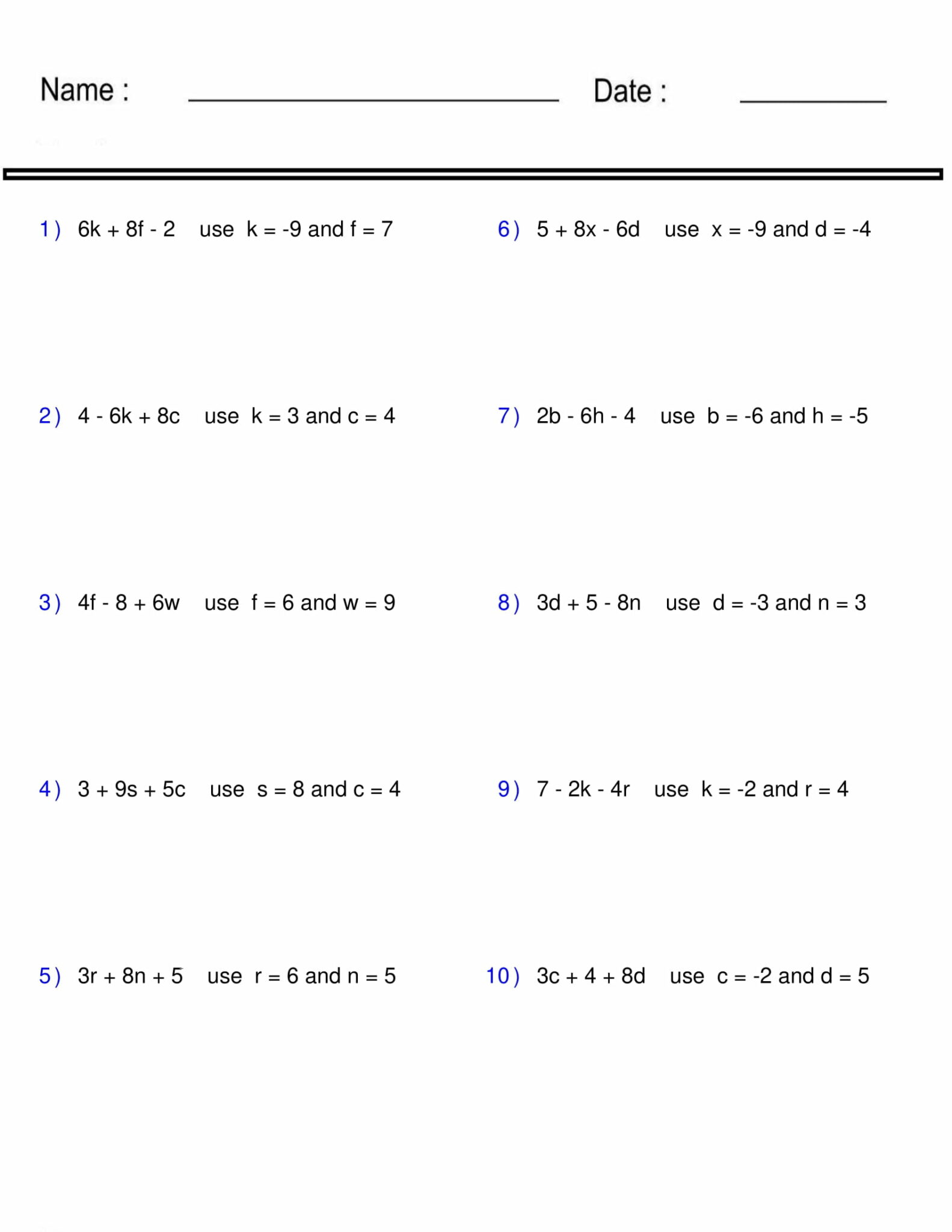 Evaluate Algebraic Expressions -Algebraic Expressions - Pre-Algebra ...