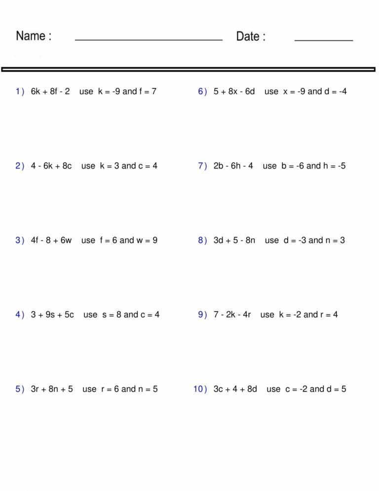Evaluate Algebraic Expressions -Algebraic Expressions - Pre-Algebra ...