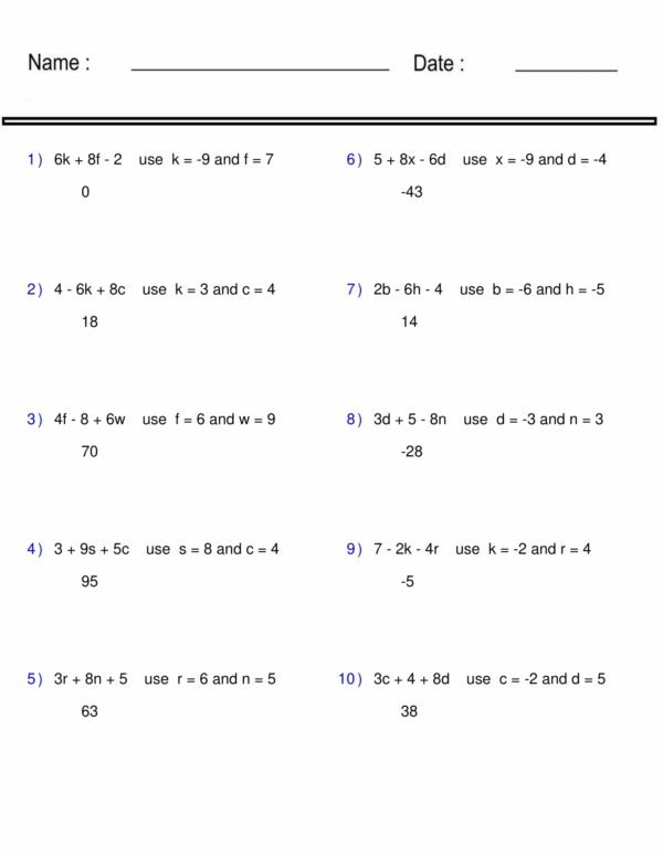 Evaluate Algebraic Expressions -Algebraic Expressions - Pre-Algebra ...