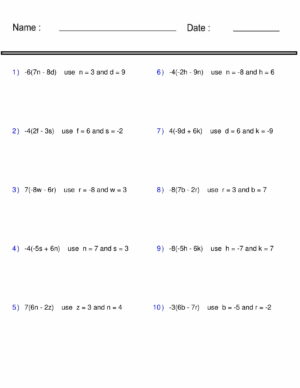 Evaluating Algebraic Expressions -Multiplication, Addition, and ...