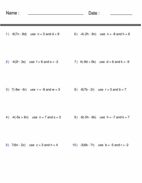 Evaluating Algebraic Expressions -Multiplication, Addition, and ...