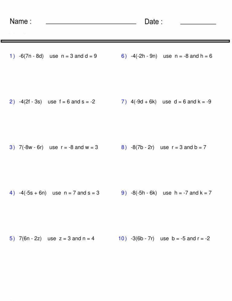Evaluating Algebraic Expressions -Multiplication, Addition, and ...