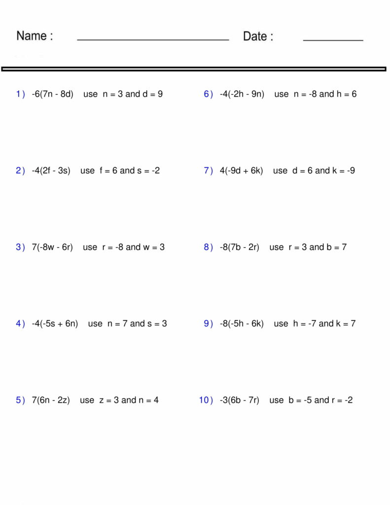 Evaluating Algebraic Expressions -Multiplication, Addition, and ...