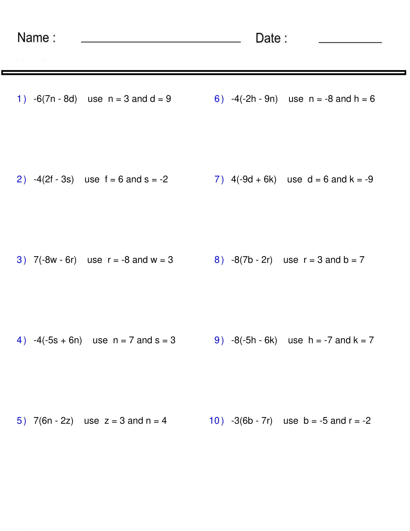 Evaluating Algebraic Expressions -Multiplication, Addition, and ...