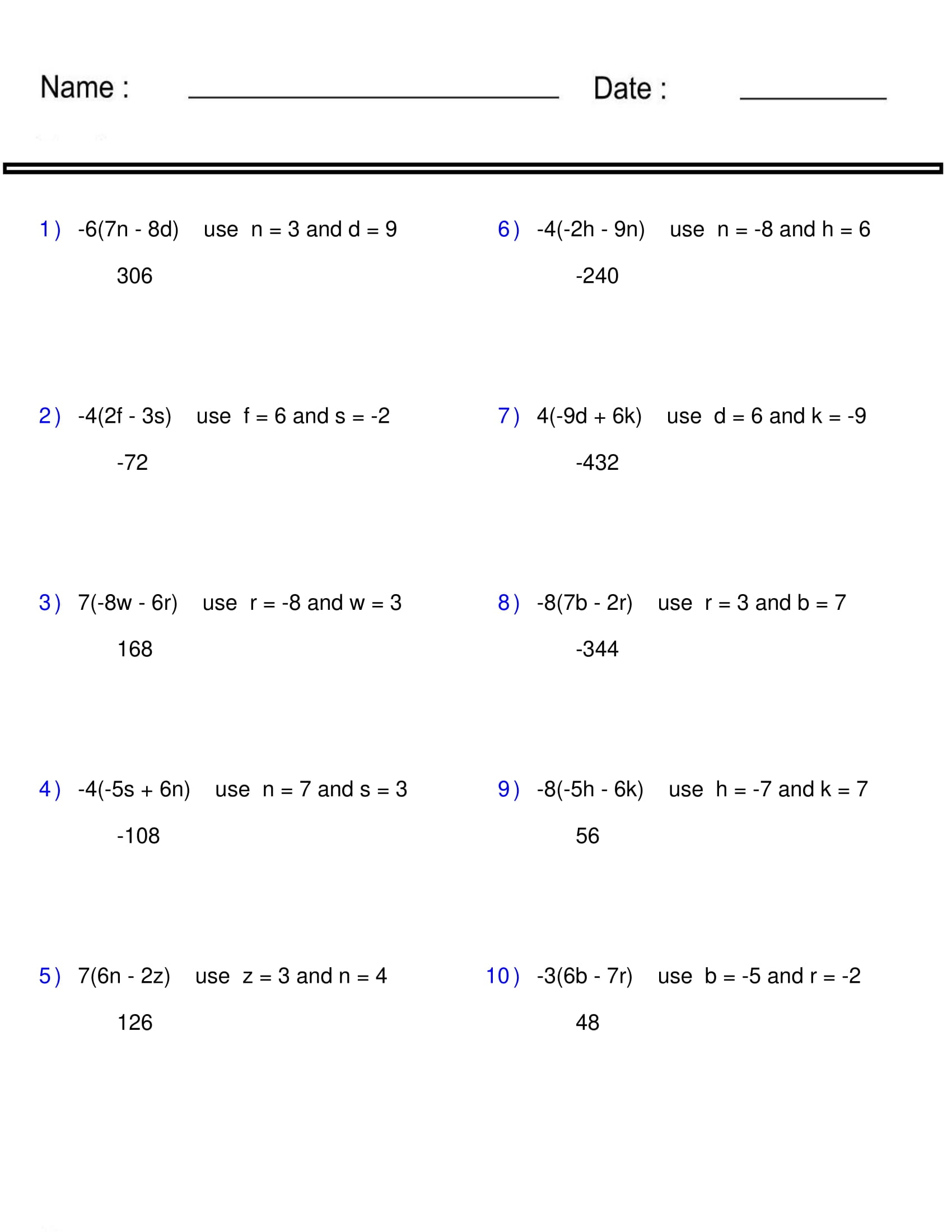 Evaluating Algebraic Expressions Multiplication Addition And