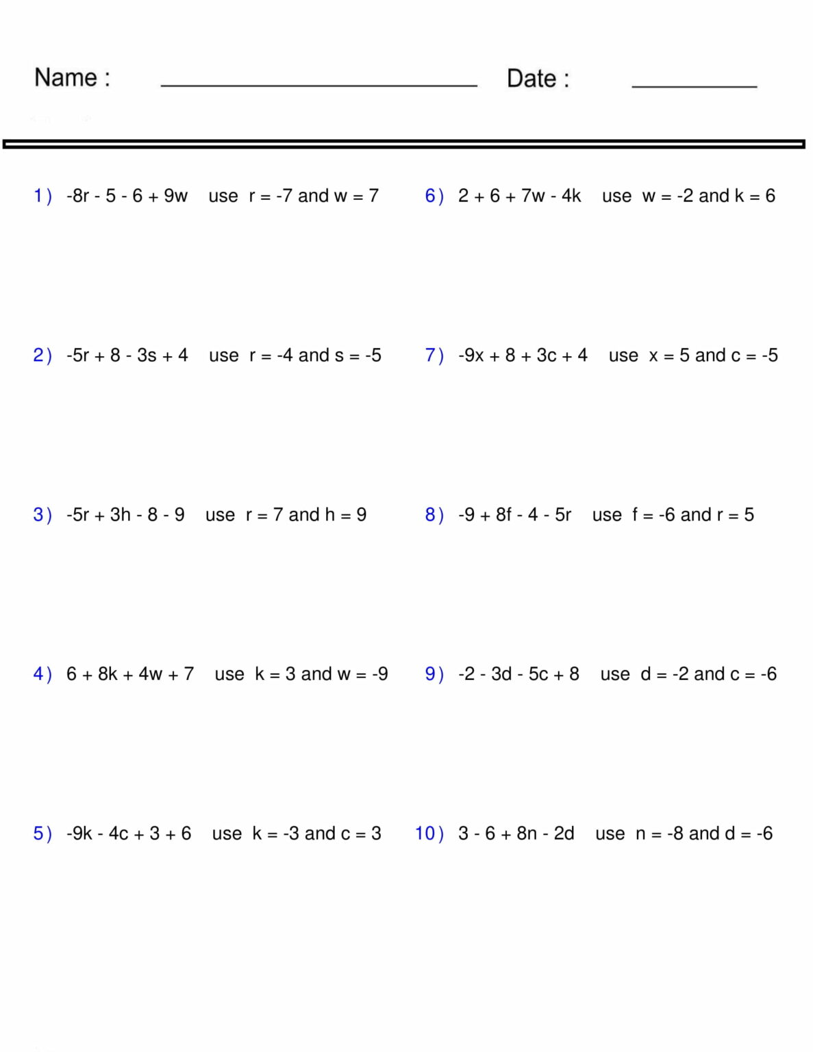 EvaluatE Expressions -Algebraic Expressions - Pre-Algebra - Two ...