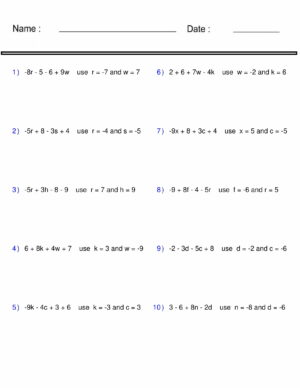 EvaluatE Expressions -Algebraic Expressions - Pre-Algebra - Two ...