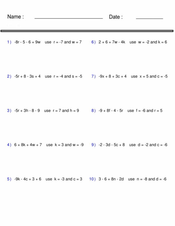 EvaluatE Expressions -Algebraic Expressions - Pre-Algebra - Two ...