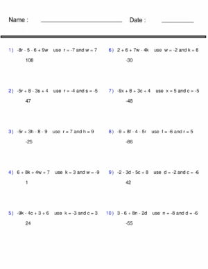 EvaluatE Expressions -Algebraic Expressions - Pre-Algebra - Two ...