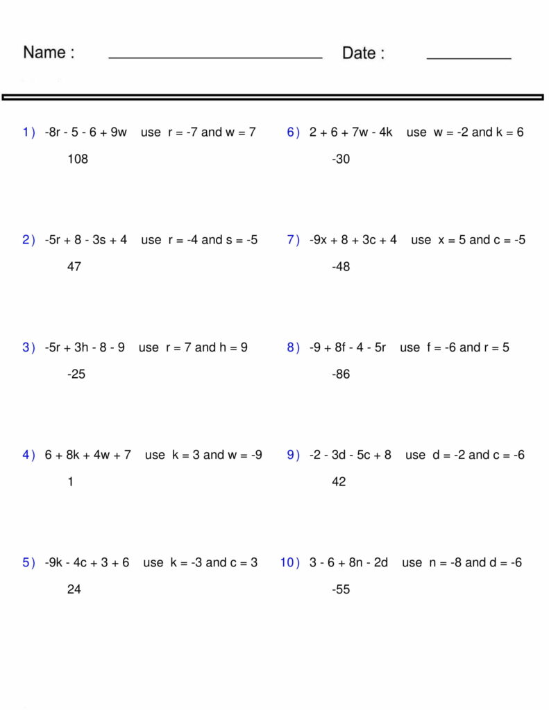 EvaluatE Expressions -Algebraic Expressions - Pre-Algebra - Two ...