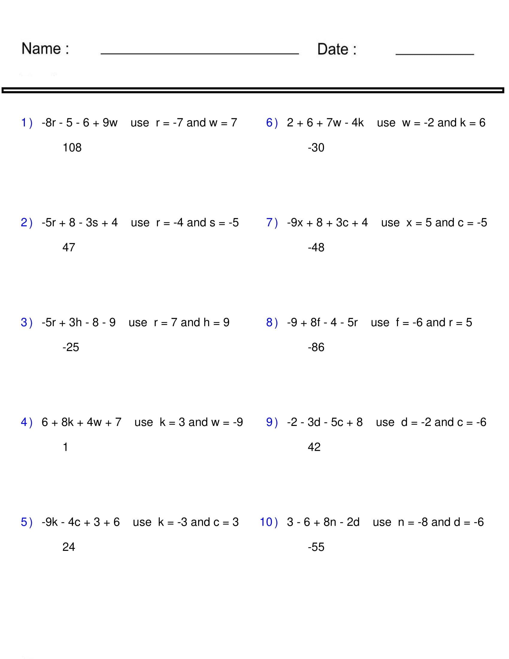 EvaluatE Expressions -Algebraic Expressions - Pre-Algebra - Two ...