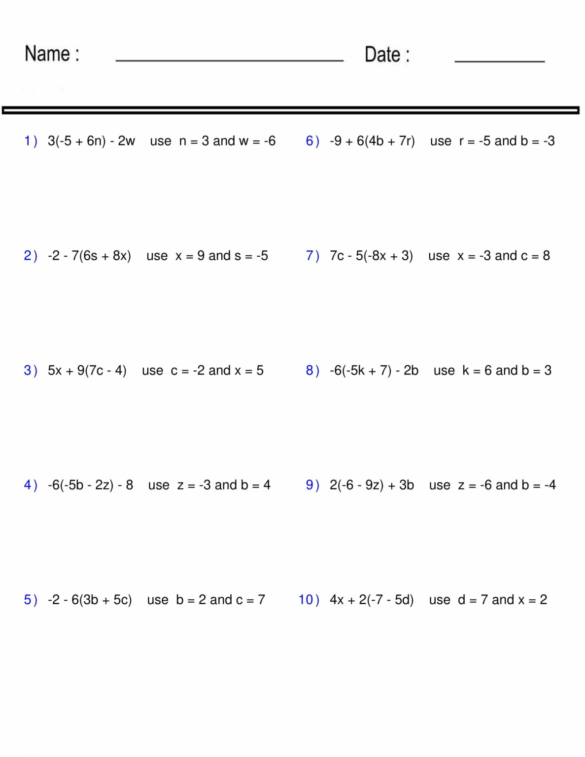 Evaluating Algebraic Expressions -Multiplication, Addition, and ...