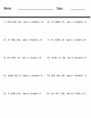 Evaluating Algebraic Expressions -Multiplication, Addition, and ...