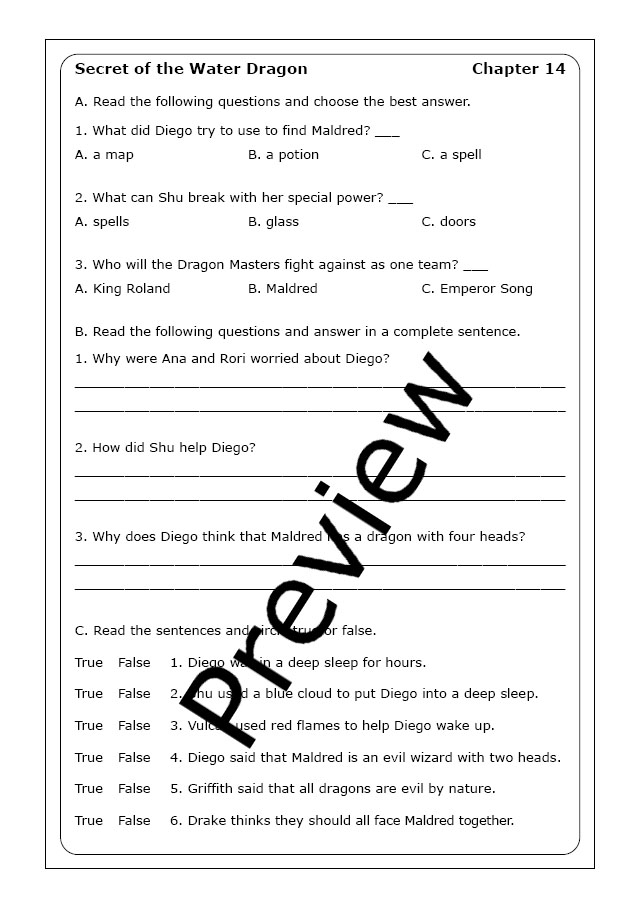 Tracey West "Secret of the Water Dragon" worksheets | Made By Teachers