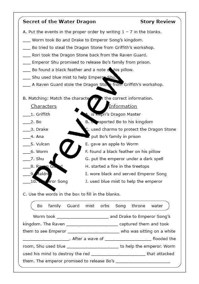 Tracey West "Secret of the Water Dragon" worksheets | Made By Teachers
