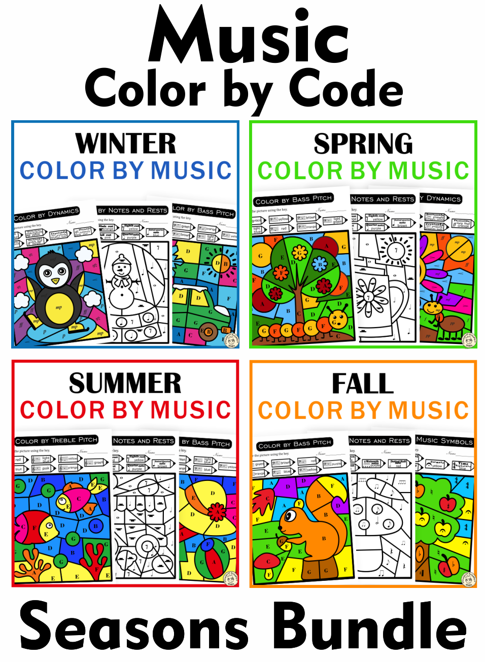 Music Color by Number Seasons Printable Worksheets Bundle | Made By ...