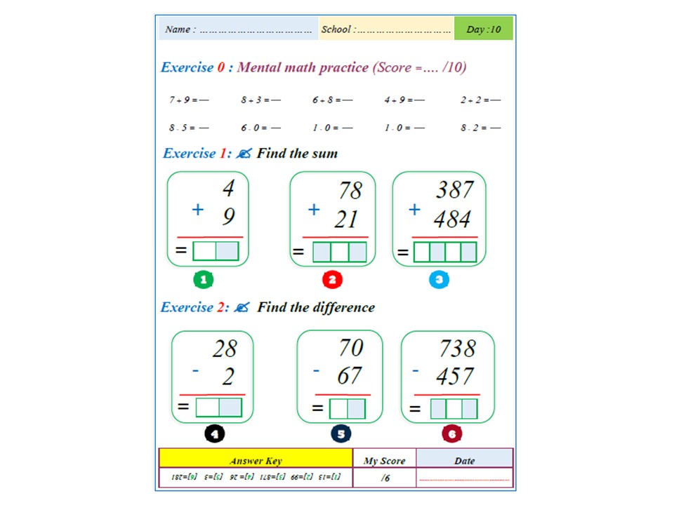 Addition and subtraction for kids: 10 practice pages with answer key ...