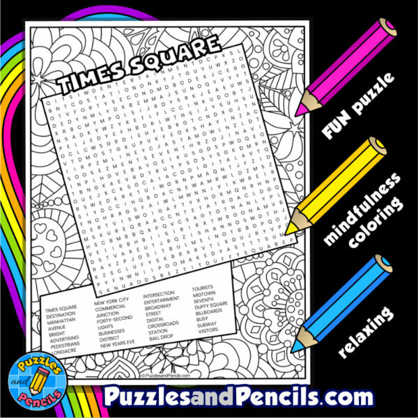 Times Square Word Search Puzzle with Coloring | US Tourist Attractions ...