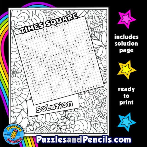 Times Square Word Search Puzzle with Coloring | US Tourist Attractions ...