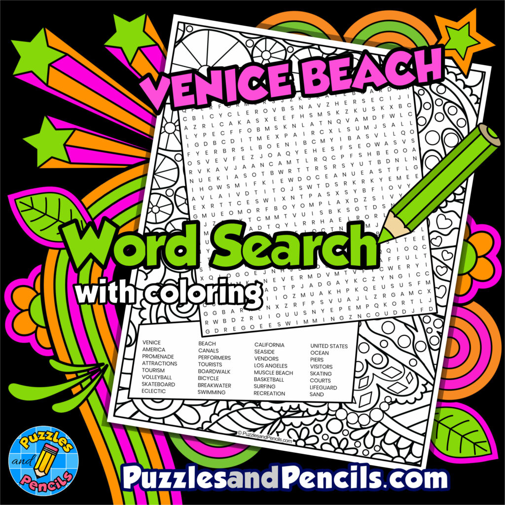 Venice Beach Word Search Puzzle with Coloring | US Tourist Attractions ...
