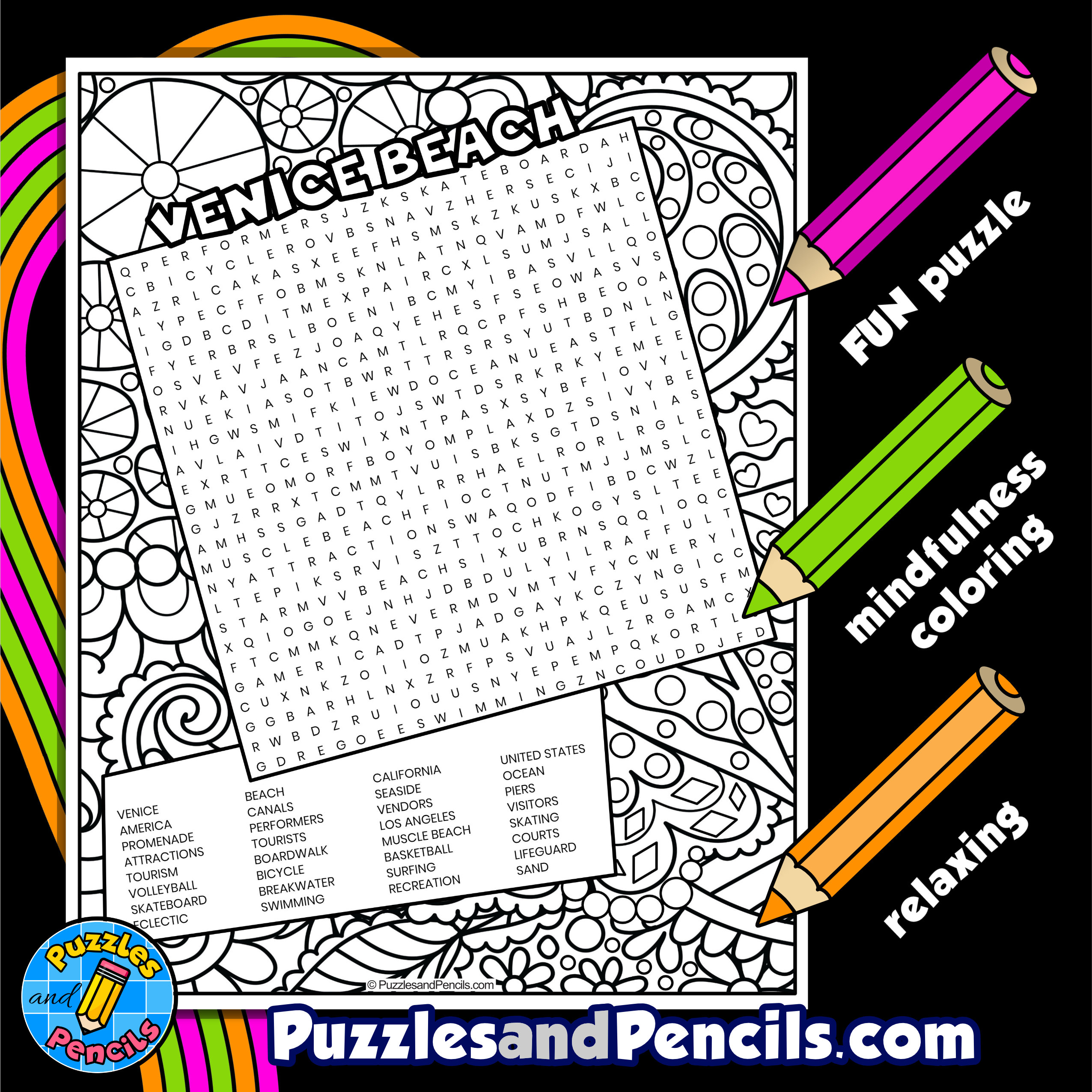 Venice Beach Word Search Puzzle with Coloring | US Tourist Attractions ...