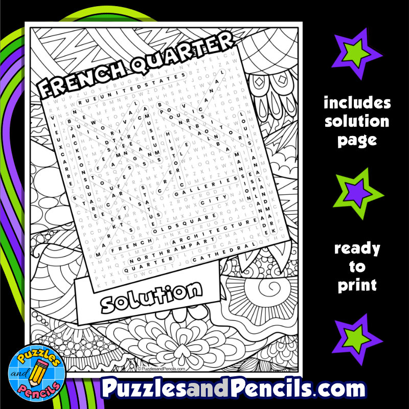 French Quarter Word Search Puzzle with Coloring | US Tourist ...