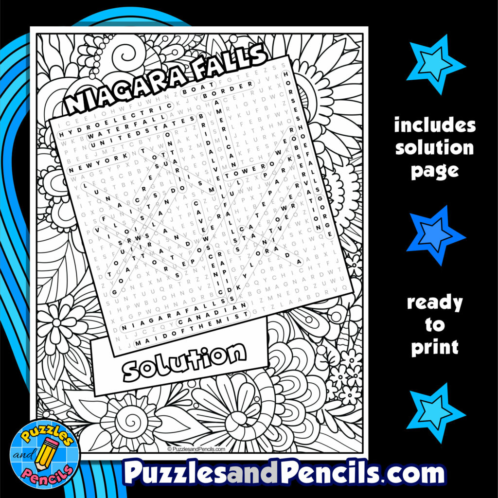 Niagara Falls Word Search Puzzle with Coloring | US Tourist Attractions ...