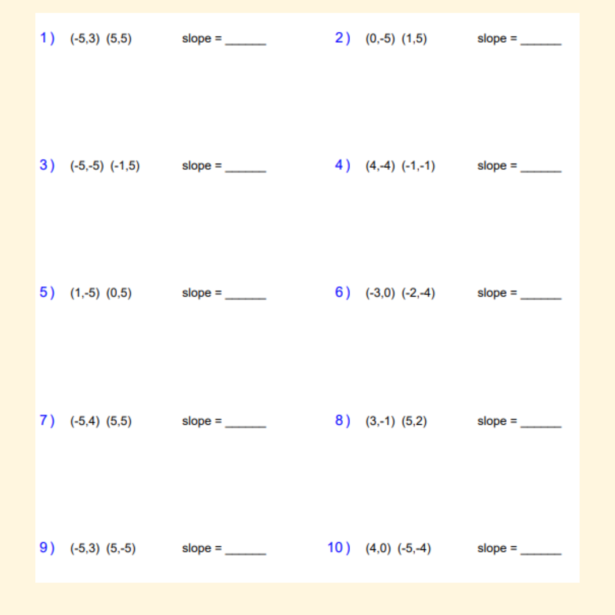 Linear Functions Worksheets- Finding Slope from Pair of Points Pre ...