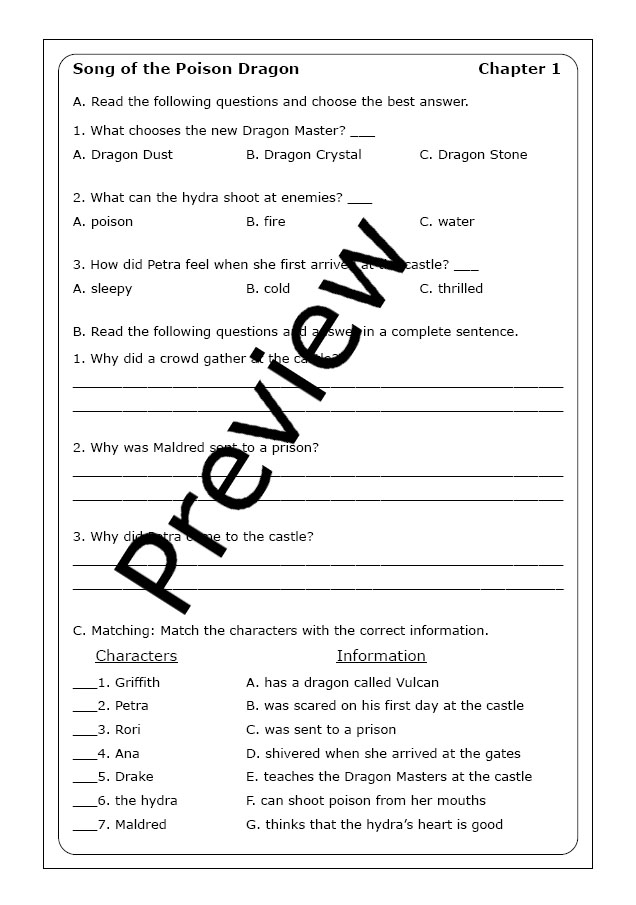 Tracey West "Song of the Poison Dragon" worksheets | Made By Teachers