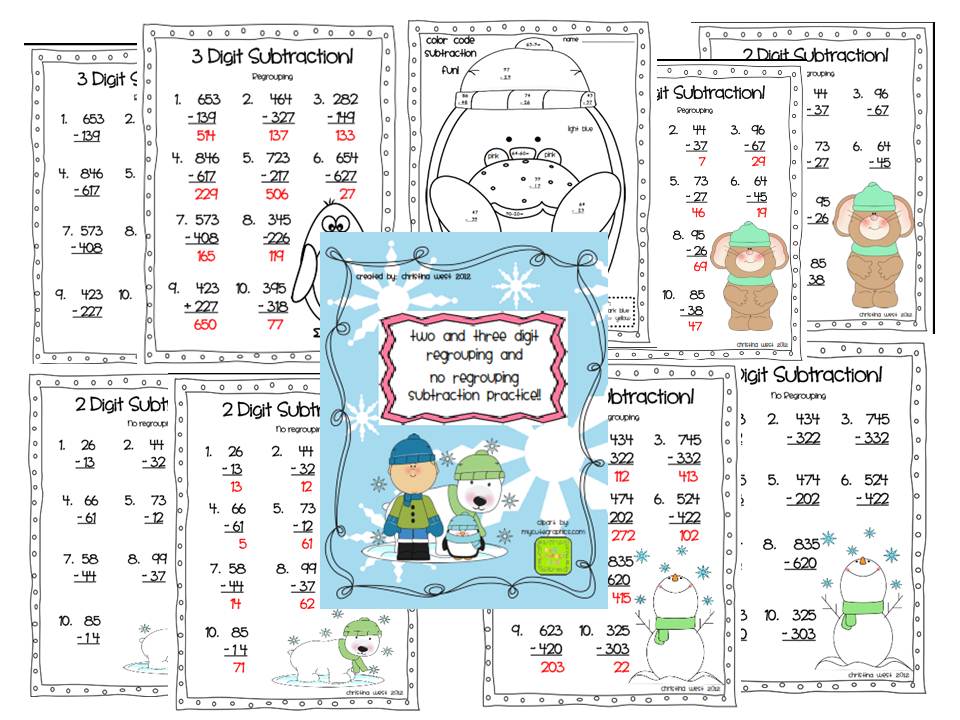 Two and Three Digit Subtraction Regrouping and No Regrouping Practice ...