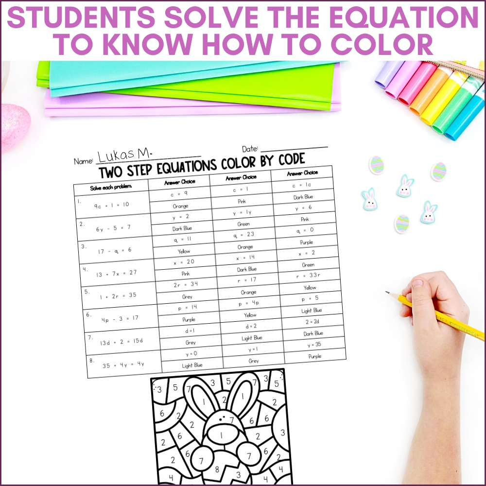 Easter Math Worksheet Two Step Equations Color by Code | Made By Teachers