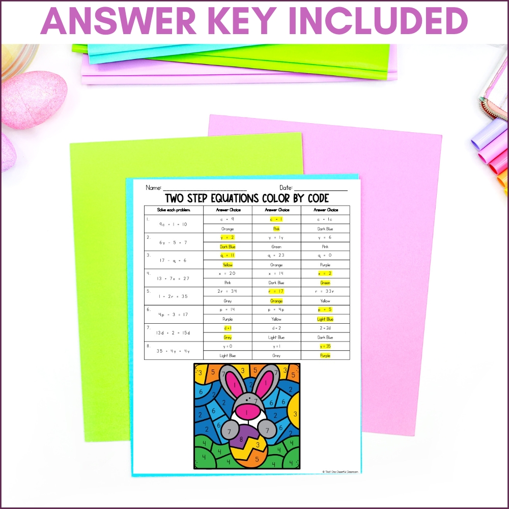 Easter Math Worksheet Two Step Equations Color by Code | Made By Teachers