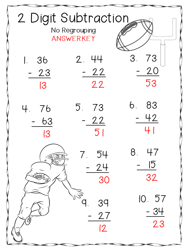 Two and Three Digit Subtraction Regrouping and No Regrouping: Football ...