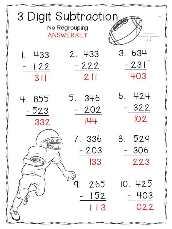 Two and Three Digit Subtraction Regrouping and No Regrouping: Football ...