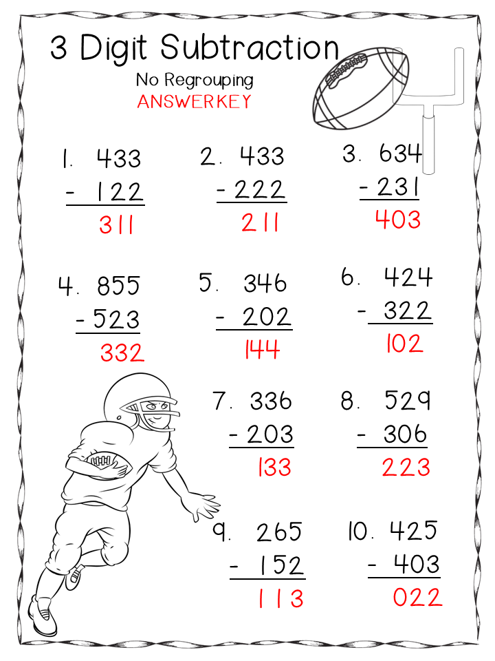Two and Three Digit Subtraction Regrouping and No Regrouping: Football ...