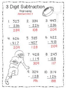 Two and Three Digit Subtraction Regrouping and No Regrouping: Football ...